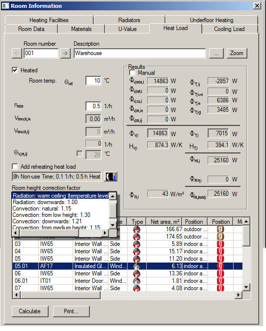 Heat load calculation for high rooms (EN 12831)